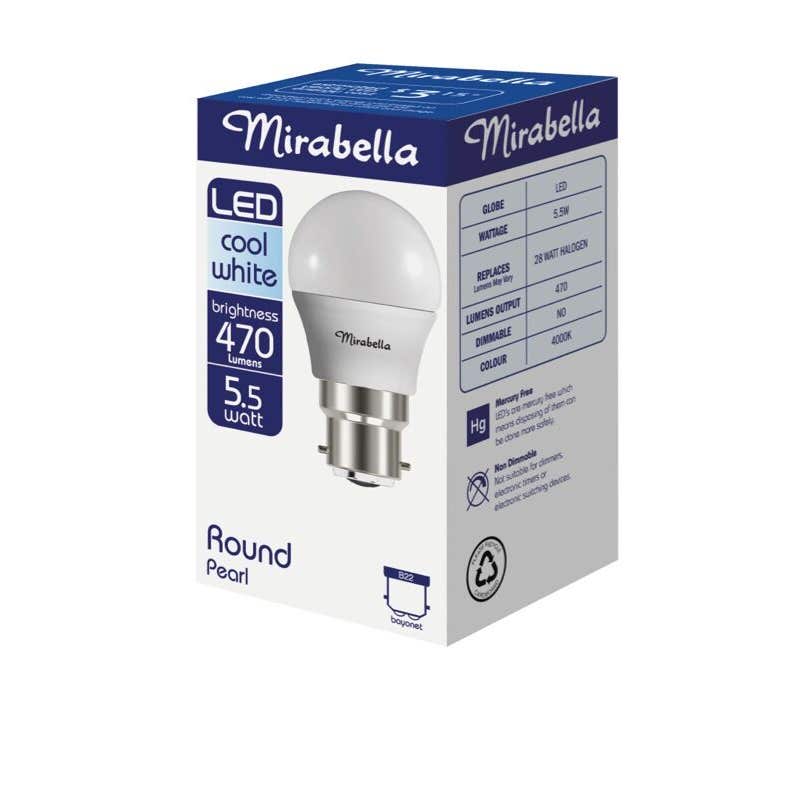Mirabella LED Fancy Round Globe 5.5W BC Cool White Mirabella LED Fancy Round Globe 5.5W BC Cool White