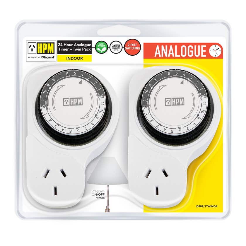 Hpm 24hr Analog Timer With Offset Double Pole 2 Pack